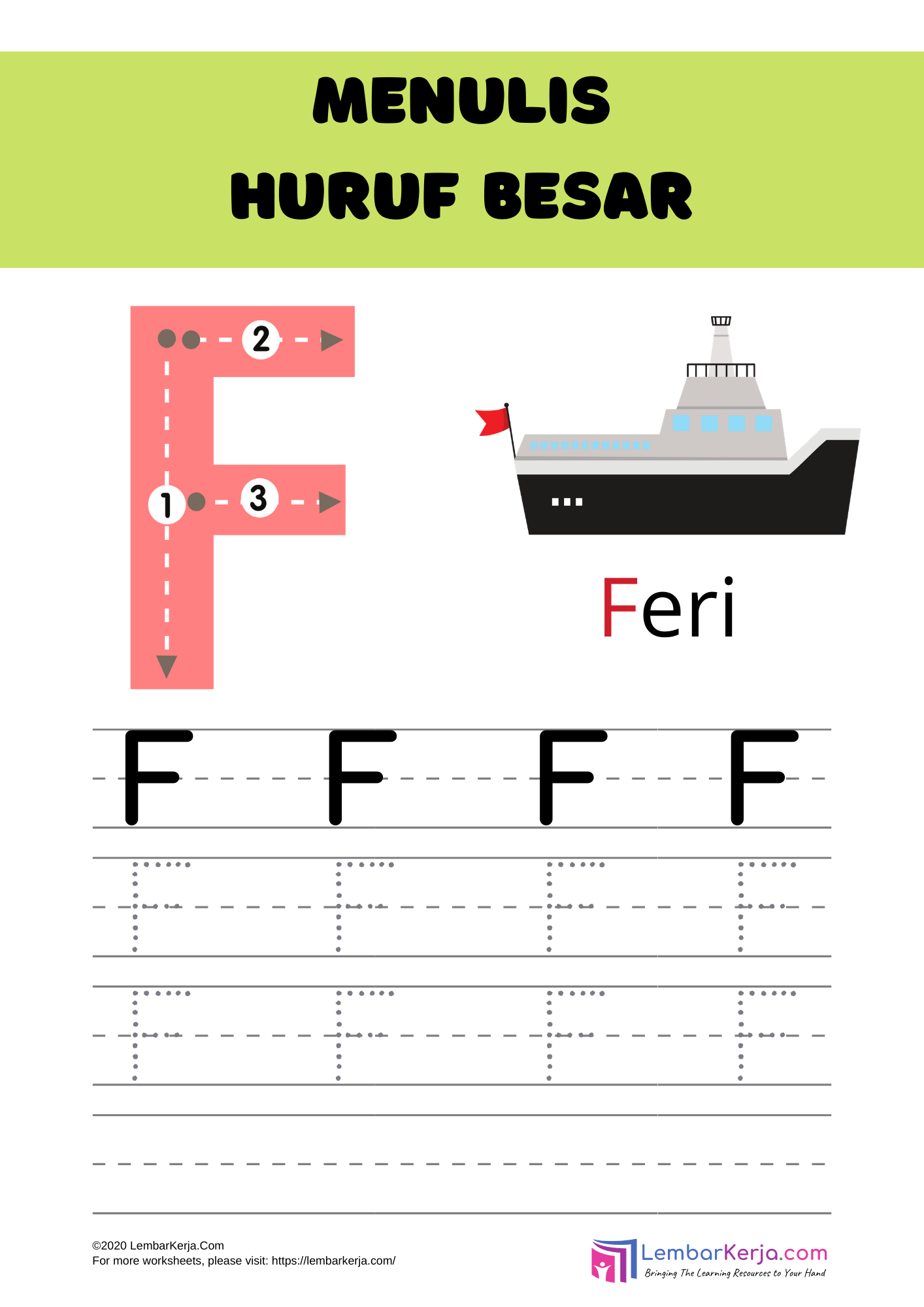 Menulis Huruf F Besar - LembarKerja.Com