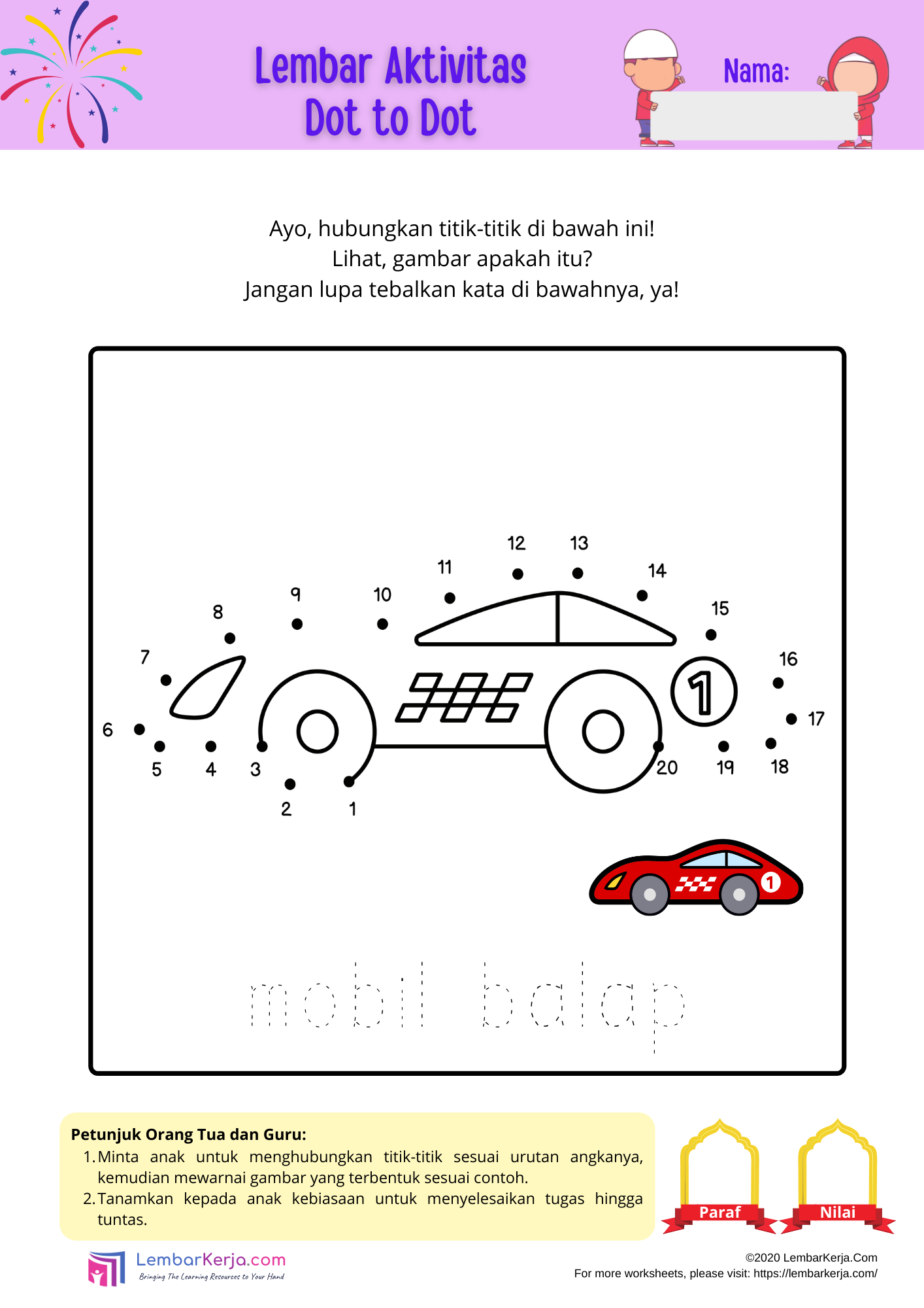 Dot to Dot: Mobil Balap - LembarKerja.Com