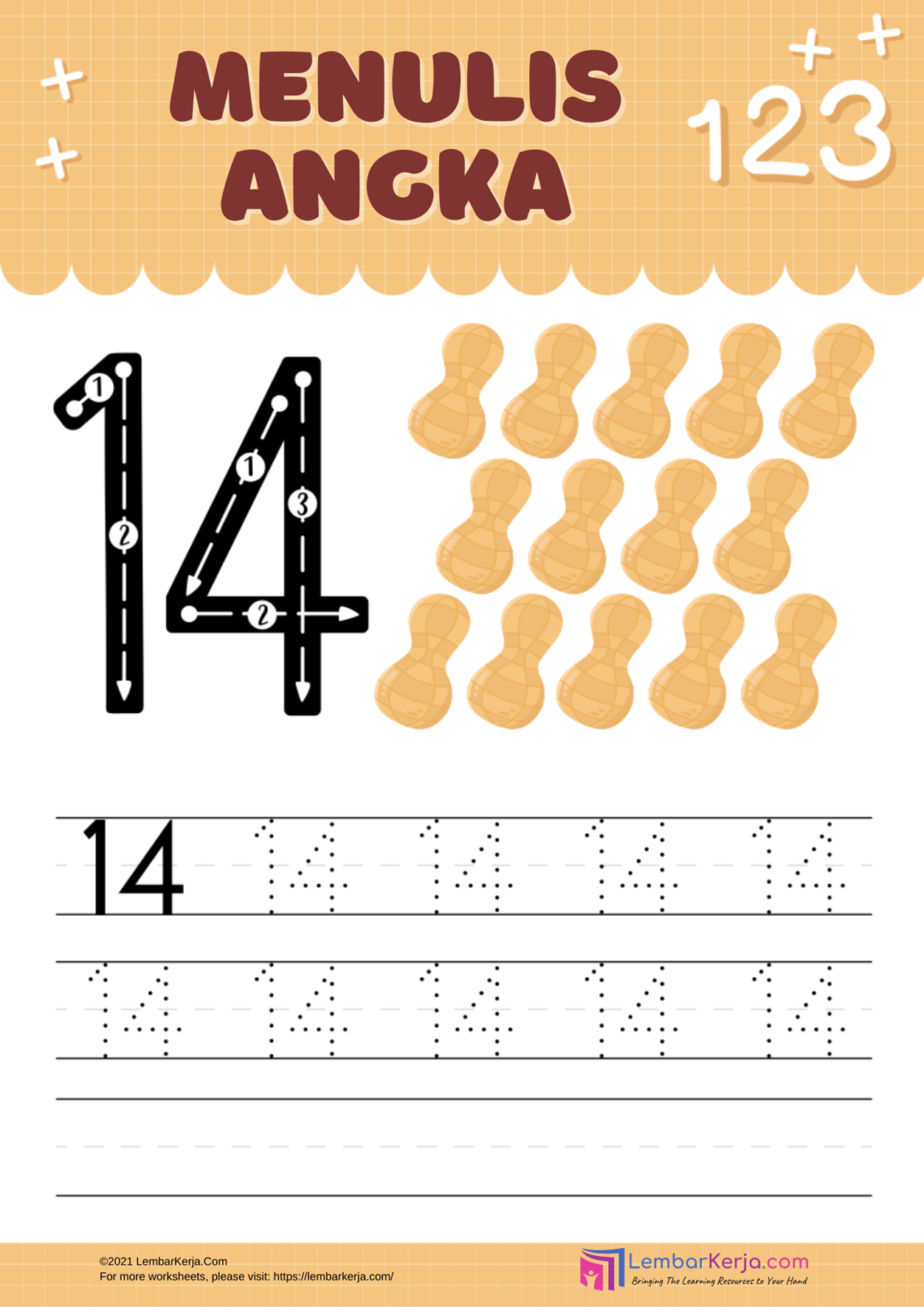 Menulis Angka 14 - LembarKerja.Com