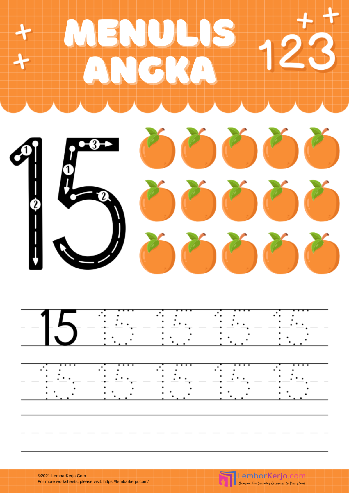 Menulis Angka 15 - LembarKerja.Com