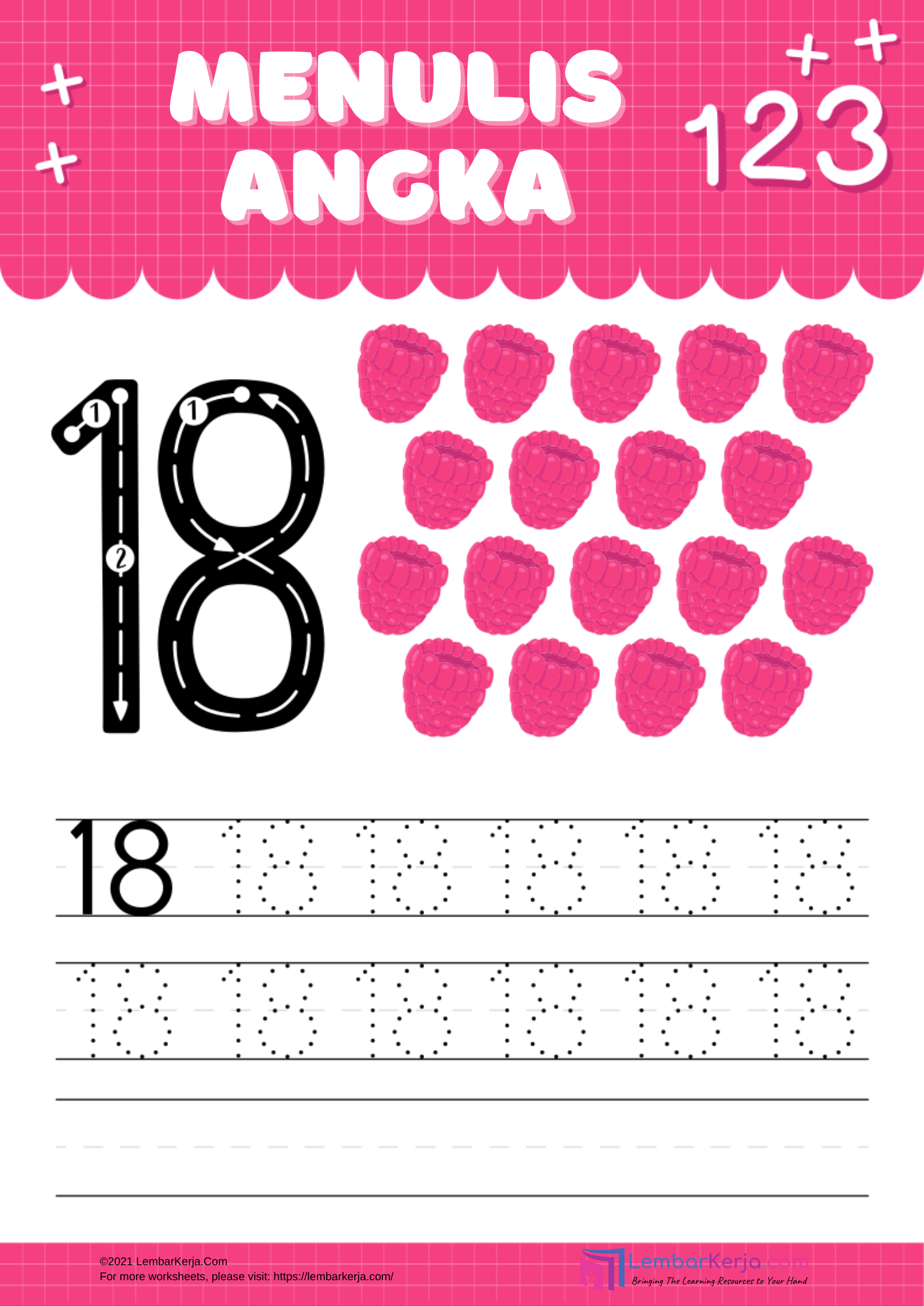 Menulis Angka 18 - LembarKerja.Com