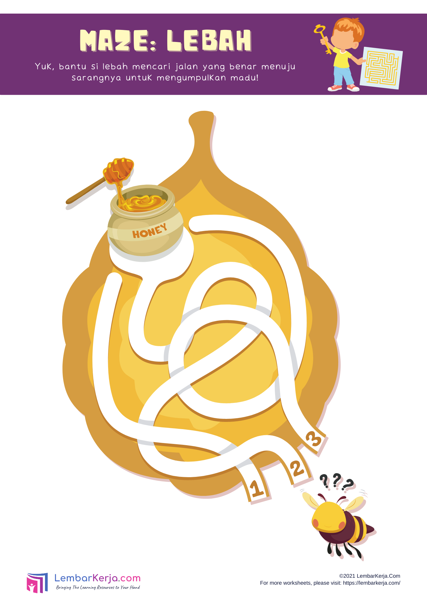 Maze: Lebah - LembarKerja.Com
