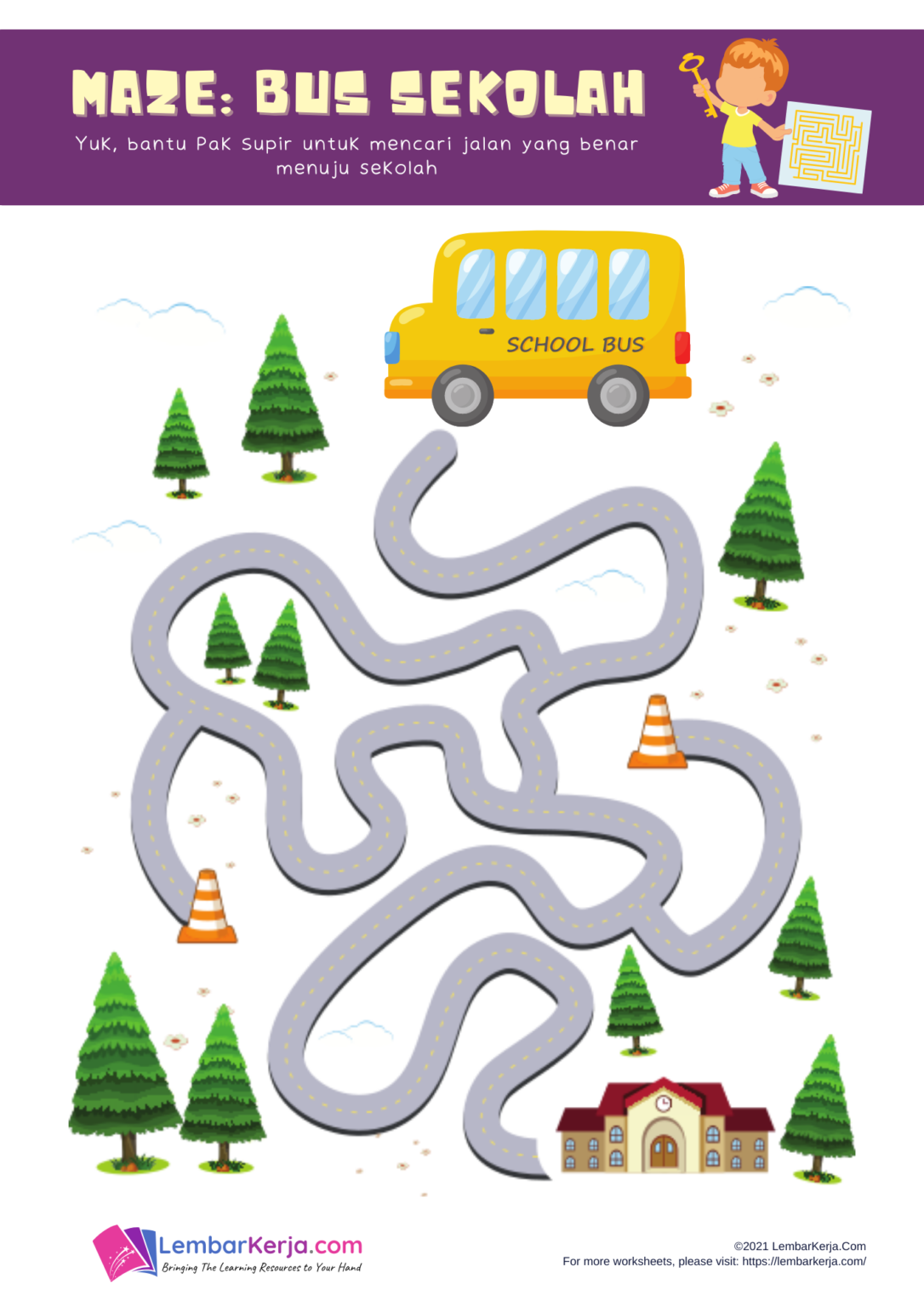 Maze: Bus Sekolah - LembarKerja.Com