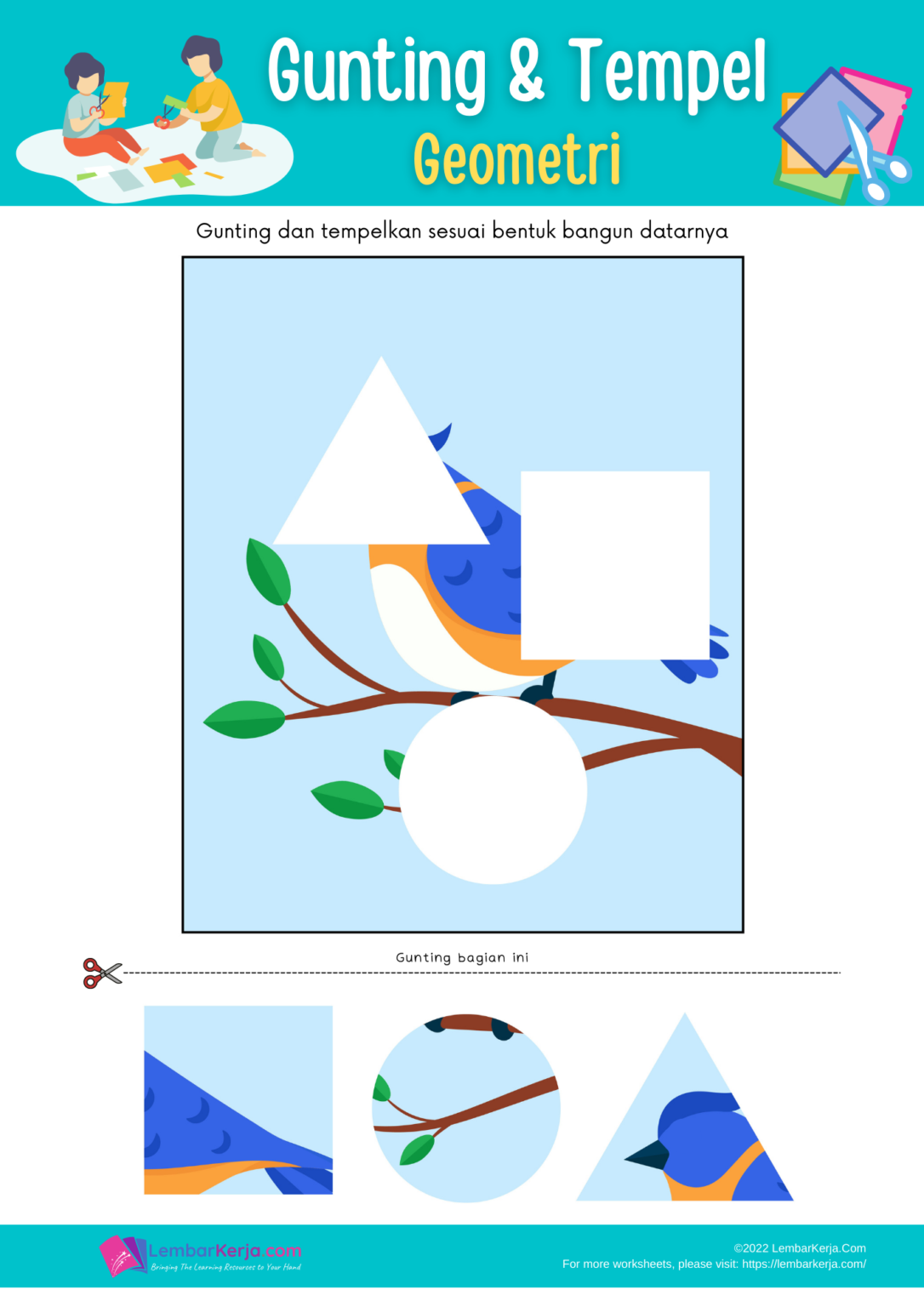 Gunting Tempel Geometri: Burung - LembarKerja.Com