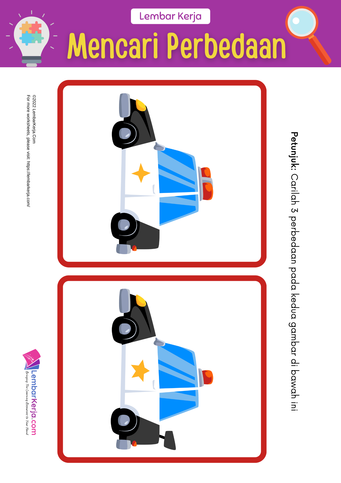 Mencari Perbedaan: Mobil Polisi - LembarKerja.Com