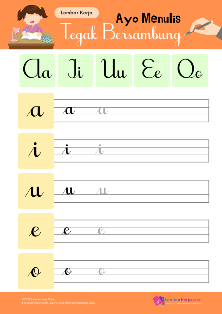 Menulis Tegak Bersambung: Huruf Vokal - LembarKerja.Com