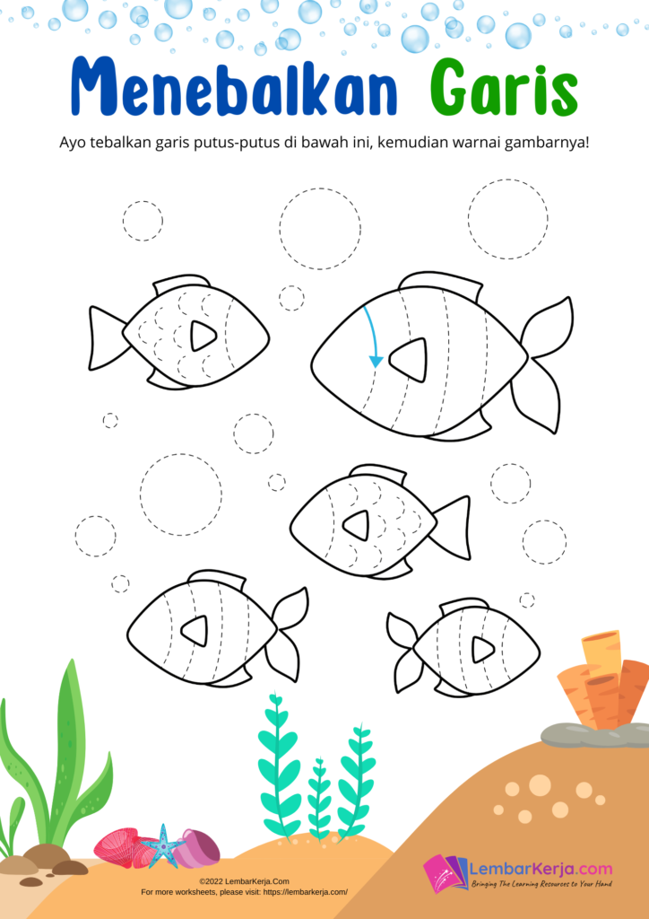 Menebalkan Garis: Ikan - LembarKerja.Com