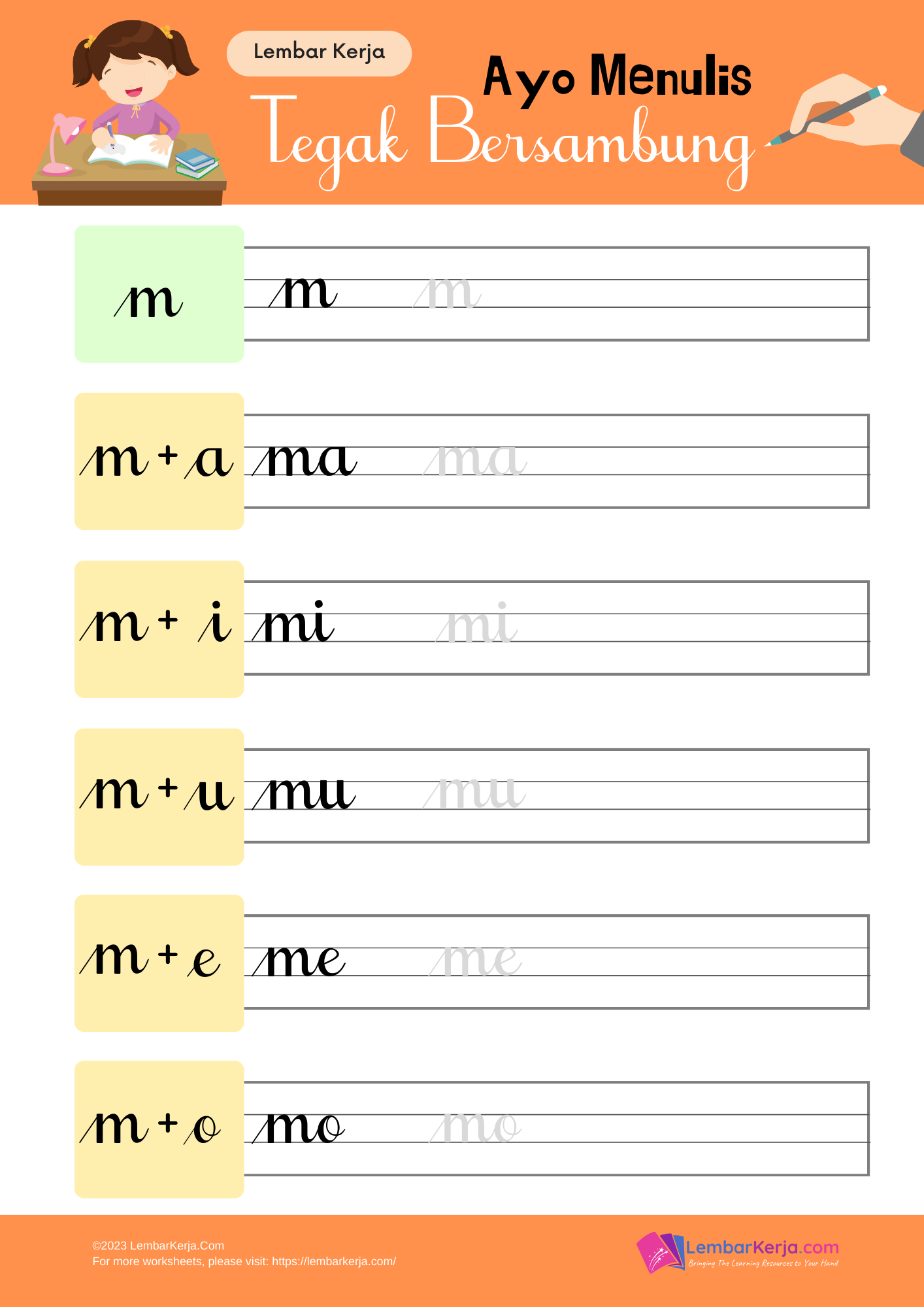 Menulis Tegak Bersambung: Huruf M - LembarKerja.Com