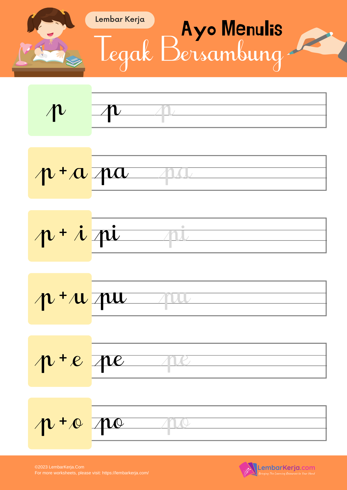 Menulis Tegak Bersambung: Huruf P - LembarKerja.Com