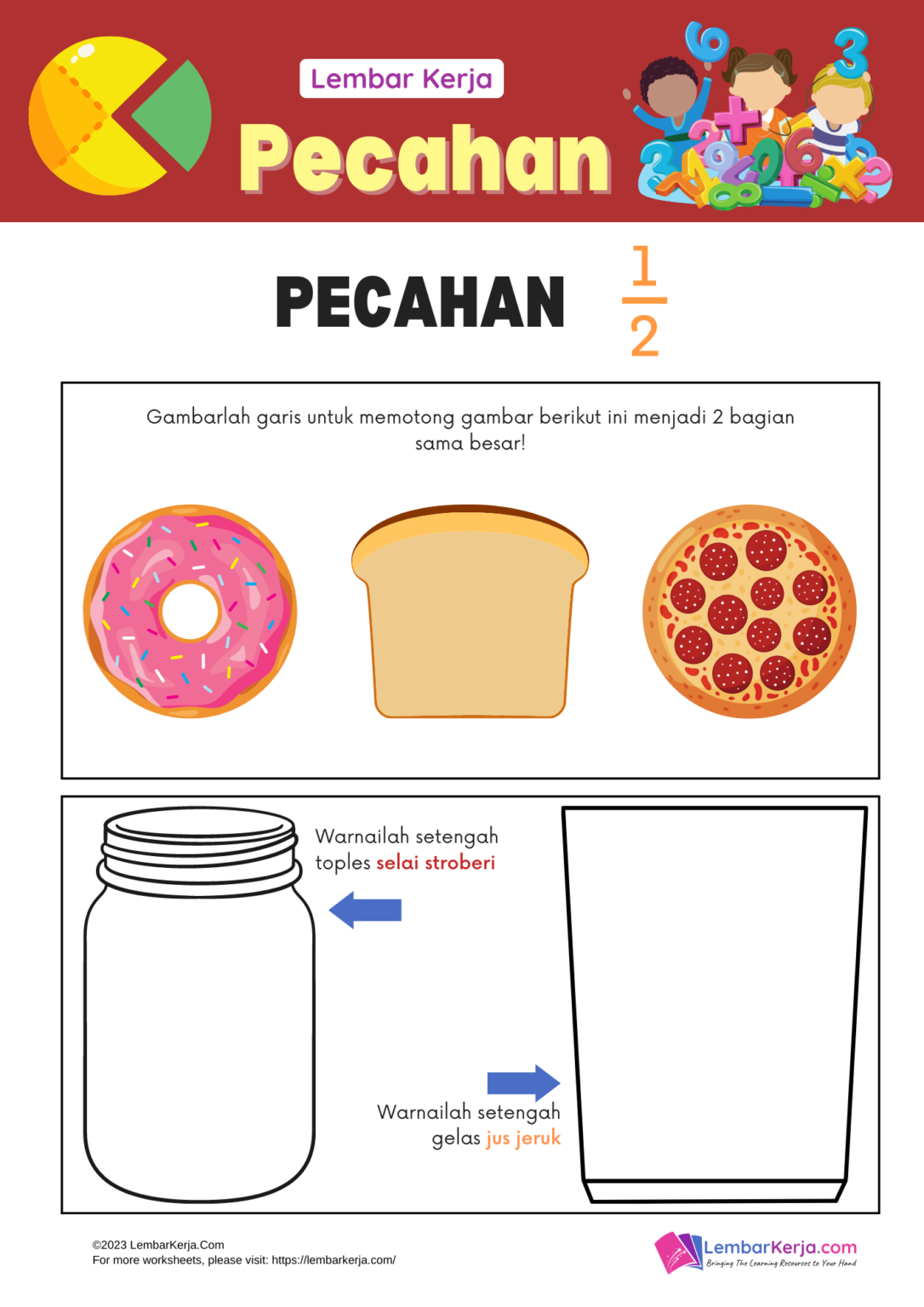 Mengenal Pecahan: Pecahan 1/2 - LembarKerja.Com