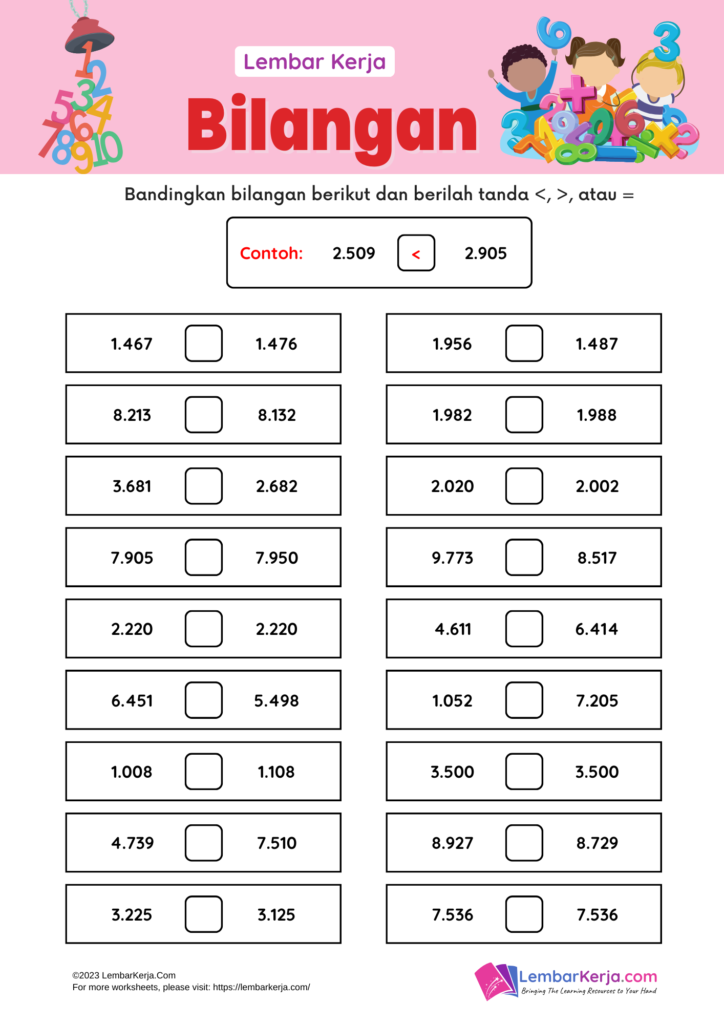 Membandingkan Bilangan Empat Angka - LembarKerja.Com