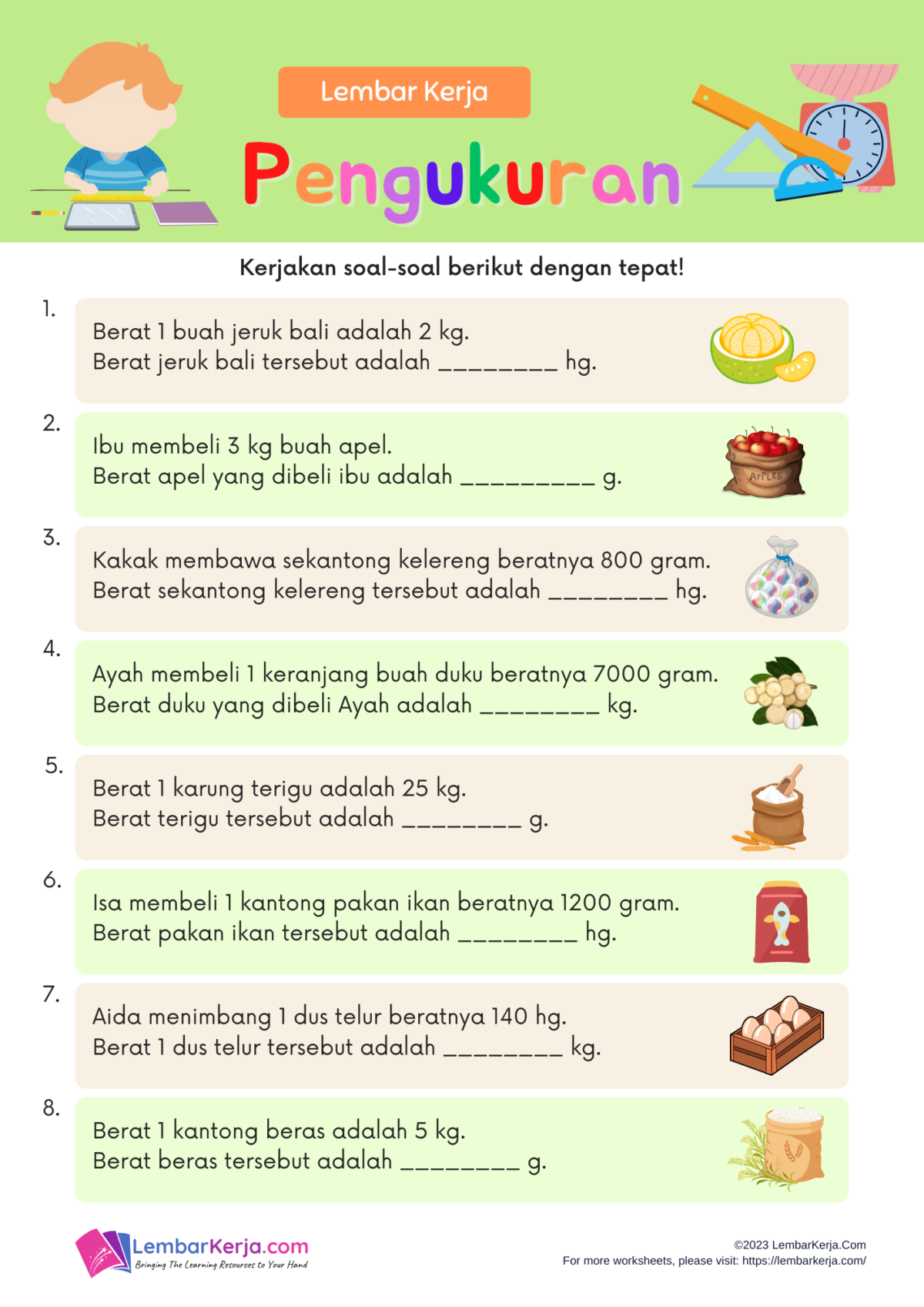 Pengukuran: Satuan Berat (1) - LembarKerja.Com