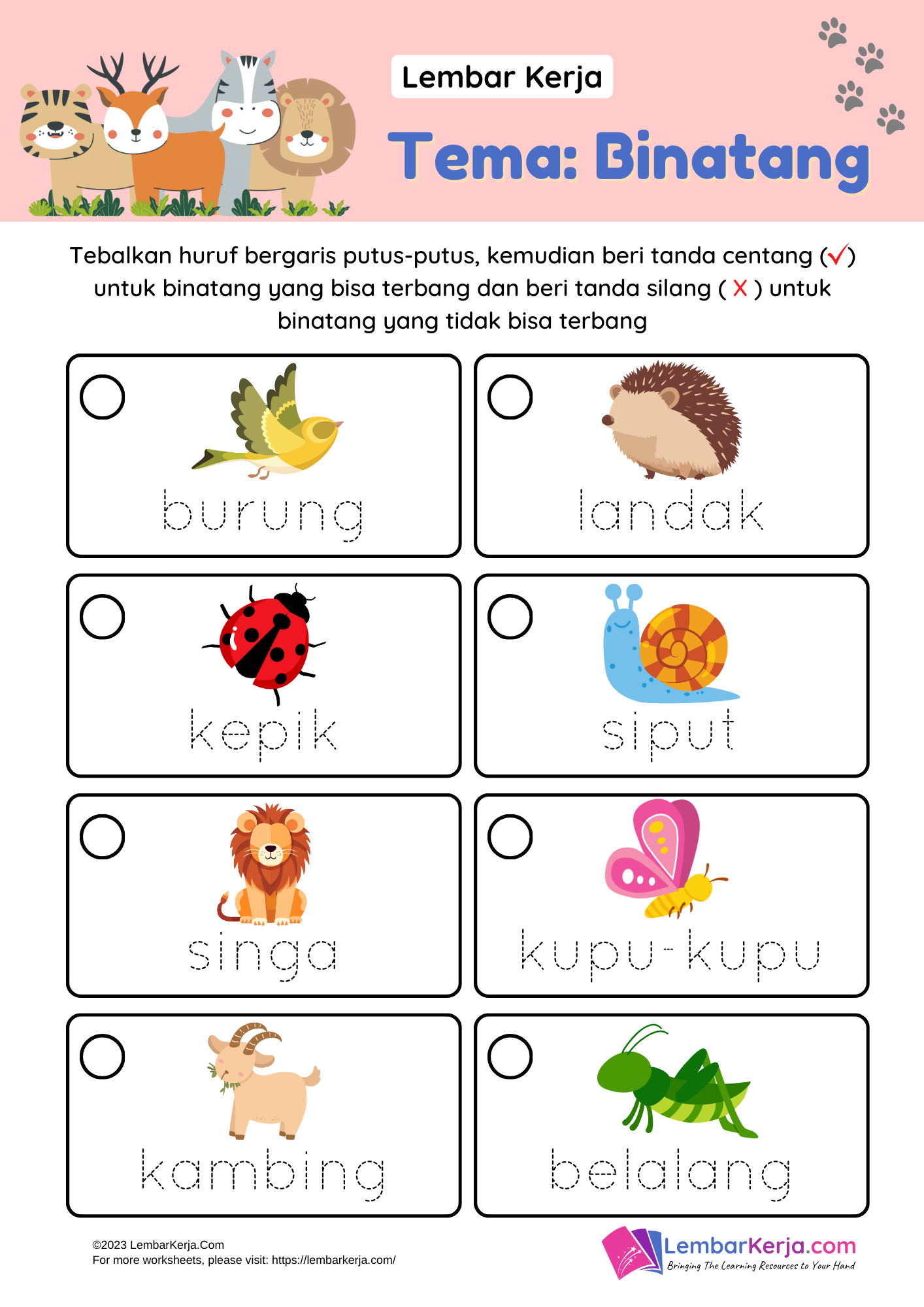 Mengelompokkan Binatang: Binatang Terbang - LembarKerja.Com