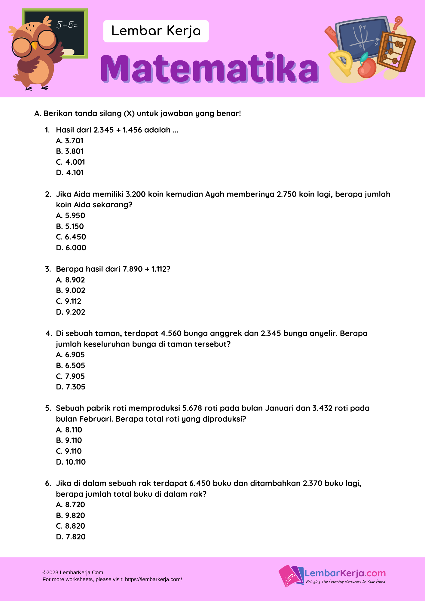 Penjumlahan Bilangan Cacah Kelas 4 SD - LembarKerja.Com
